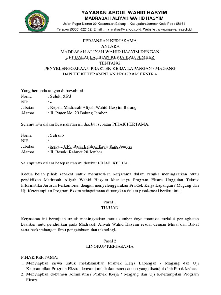 Kerjasama MA Wahid Hasyim dan UPT BLK Jember | PDF | Karier ...