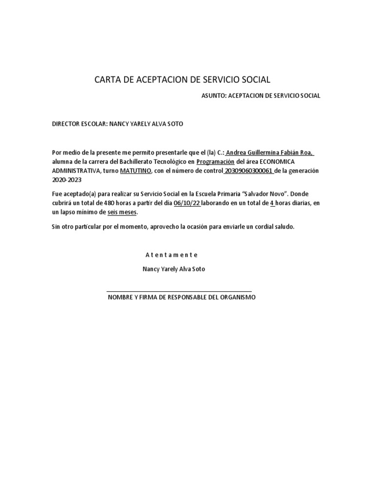 Carta de Aceptacion de Servicio Social | PDF Carta de Aceptacion de Servicio Social | PDF