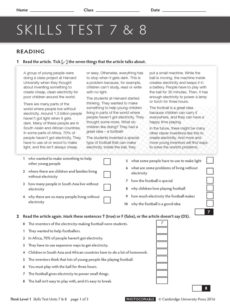 Think Level 1 Skills Test Units 7-8 | PDF