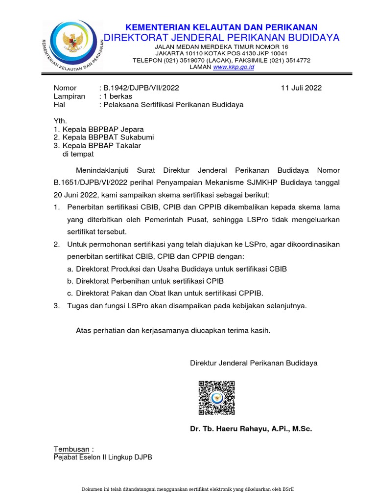 B.1942 Pelaksana Sertifikasi Perikanan Budidaya | PDF