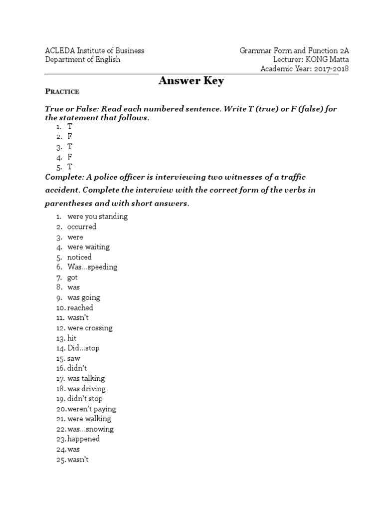 Answer Key and Grammar Exercises for English Grammar Form and Function ...
