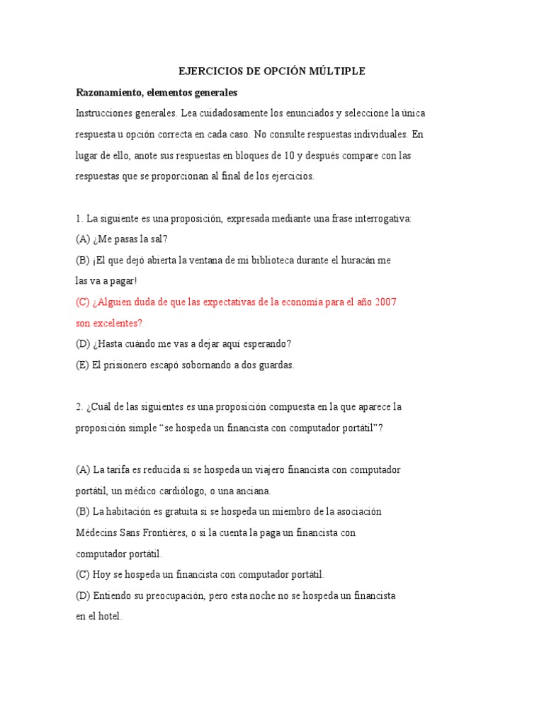 Ejercicios de Opción Múltiple, Razonamientos de Elementos Generales ...