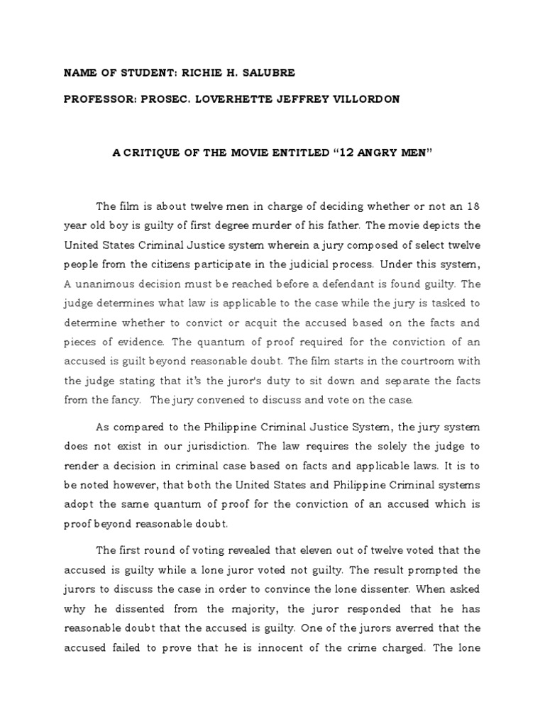 Legal Analysis of "12 Angry Men" | PDF | Burden Of Proof (Law ...