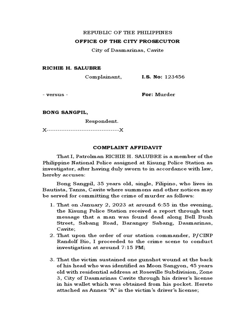 Murder Complaint Affidavit | PDF | Murder | Capital Punishment