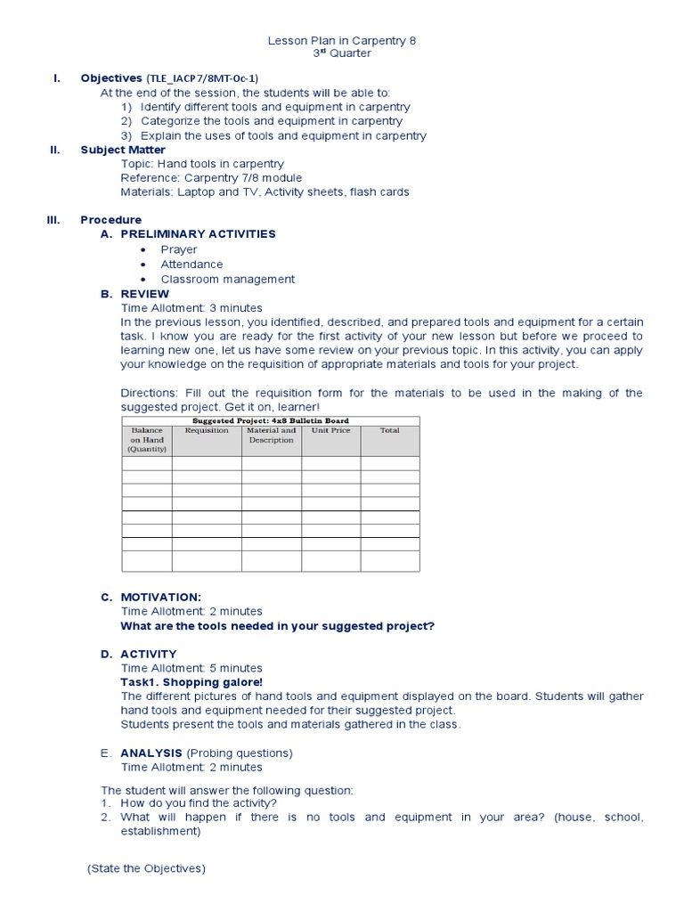 Carpentry Tools Lesson Plan | PDF | Tools | Learning