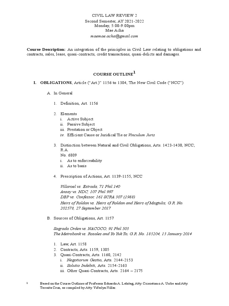 PARTIAL Course Outline - CIVIL LAW REVIEW 2 - MSA | PDF | Private Law ...