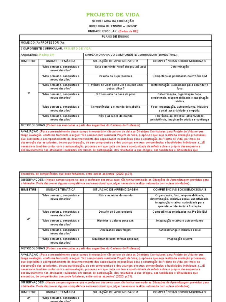 Plano de Ensino Projeto de Vida 2021 3 EM | PDF | Aprendizado | Vida