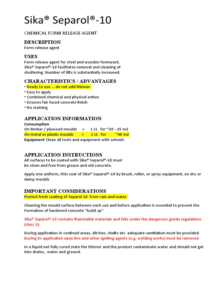 Sika Separol-10: Form Release Agent Guide | PDF | Concrete | Building ...