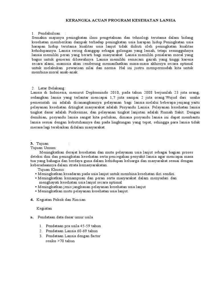 Kerangka Acuan Program Kesehatan Lansia | PDF | Pengembangan Diri