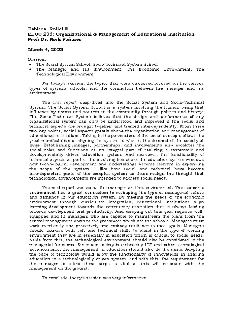 EDUC 206 Organizational Management Educational Institutions | PDF | System