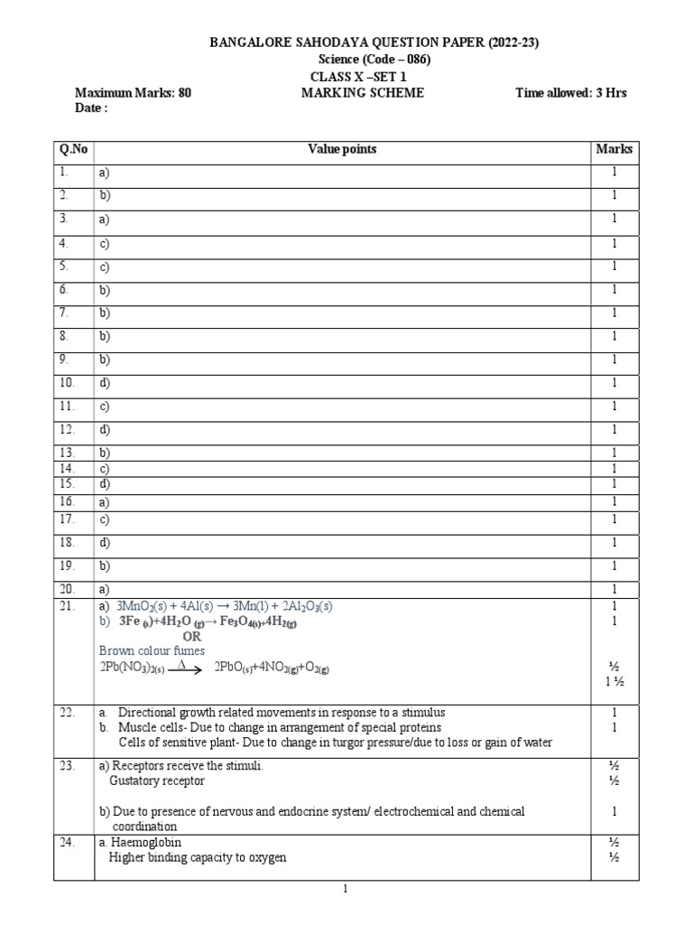 Class 10 Science Set 1 Answer Key | PDF | Chemistry