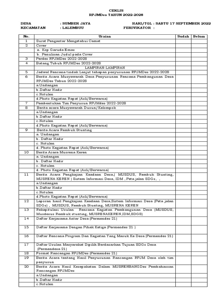 Ceklis RPJMDes 2022-2028 Sumber Jaya | PDF