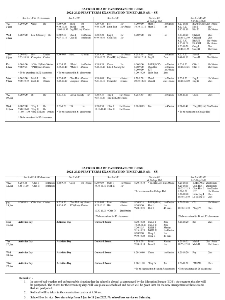 2022-2023 Exam Timetable S1-S5 | PDF