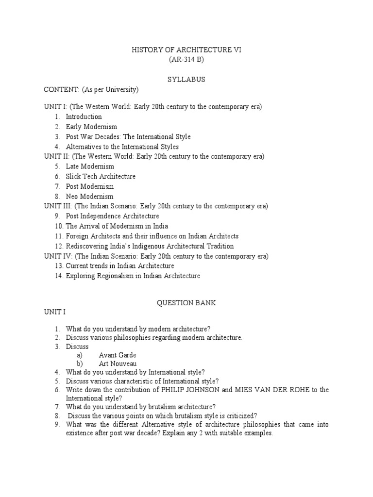 AR 304 C Question Bank | PDF | Modernism | Architectural Styles