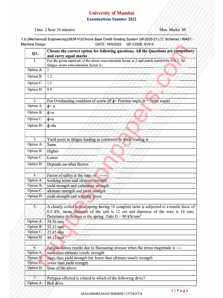 Be - Mechanical Engineering - Semester 6 - 2022 - May - Machine Designrev 2019 C Scheme | PDF
