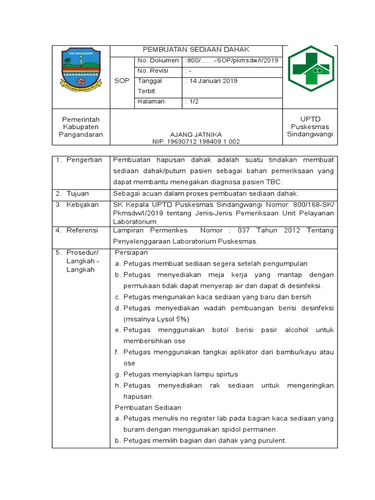 SOP Pembuatan Sediaan Dahak | PDF
