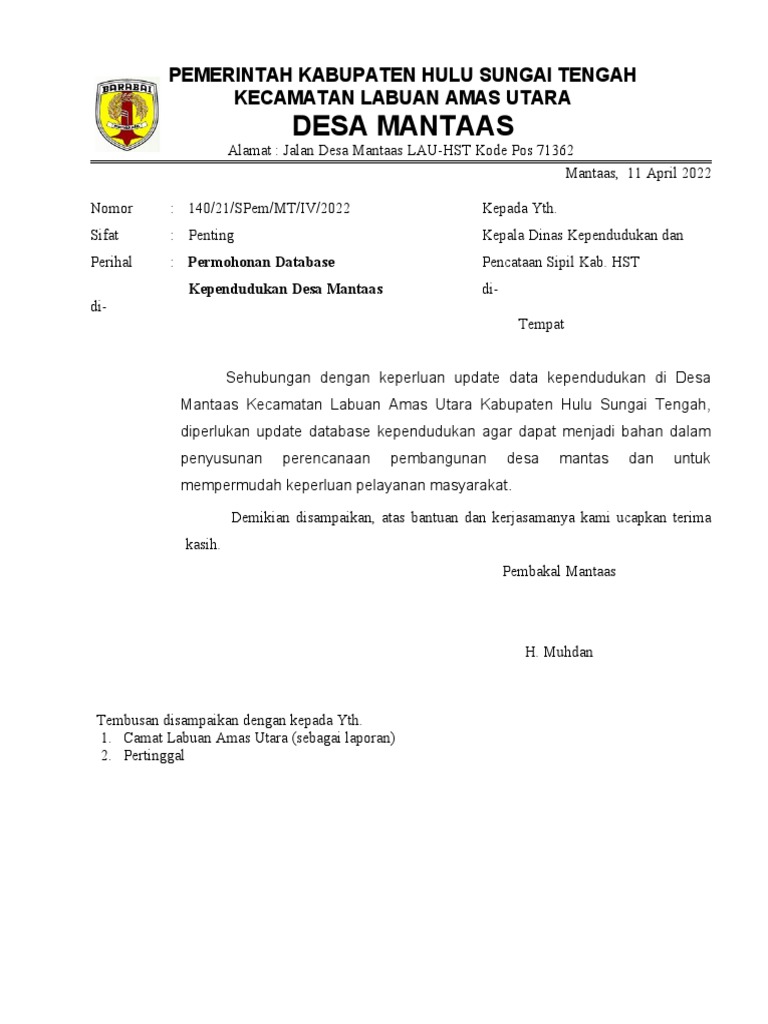 Surat Permohonan Data Kependudukan | PDF