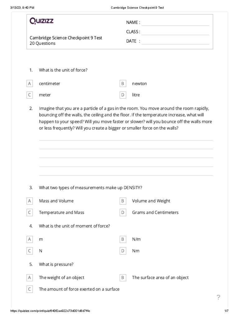 Cambridge Science Checkpoint 9 Test Unit 9 | PDF