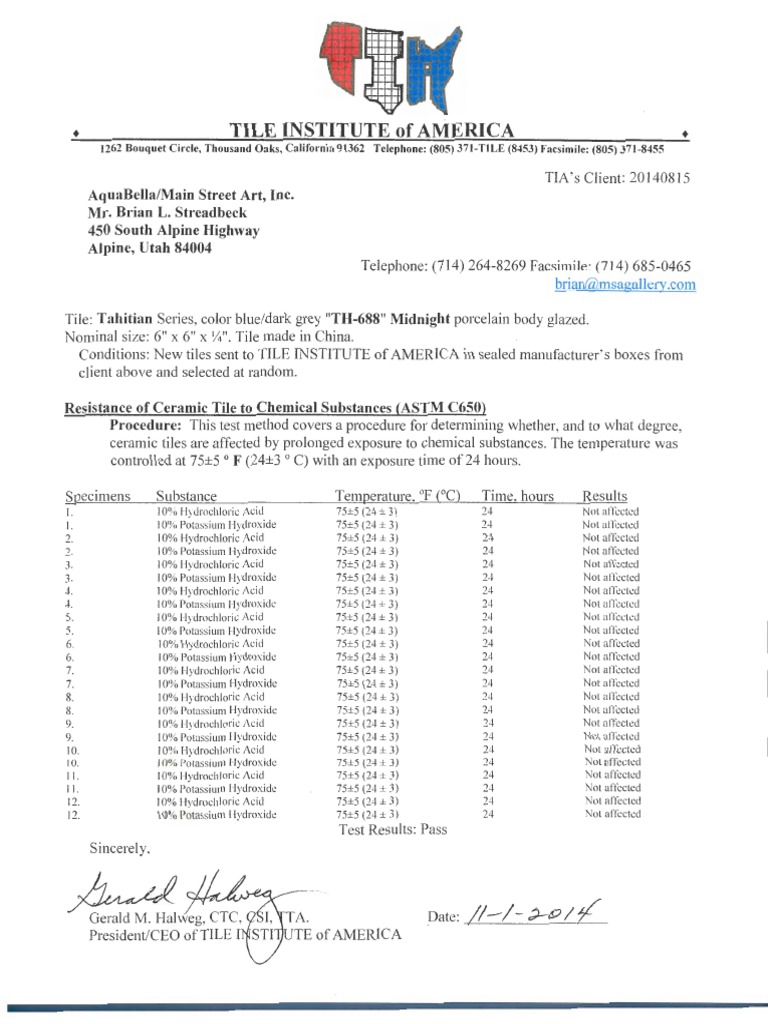 TH 688 Midnight Resistance of Ceramic Tile To Chemical Substances ASTM ...