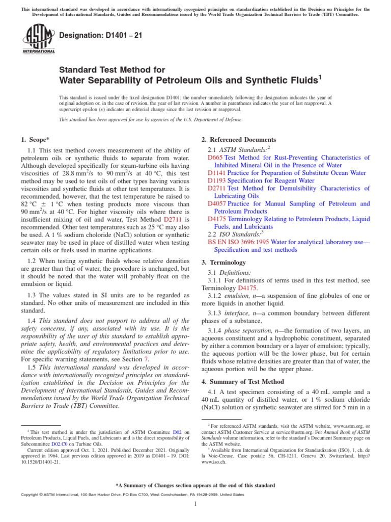 D1401 - Standard Test Method For Water Separability of Petroleum Oils ...