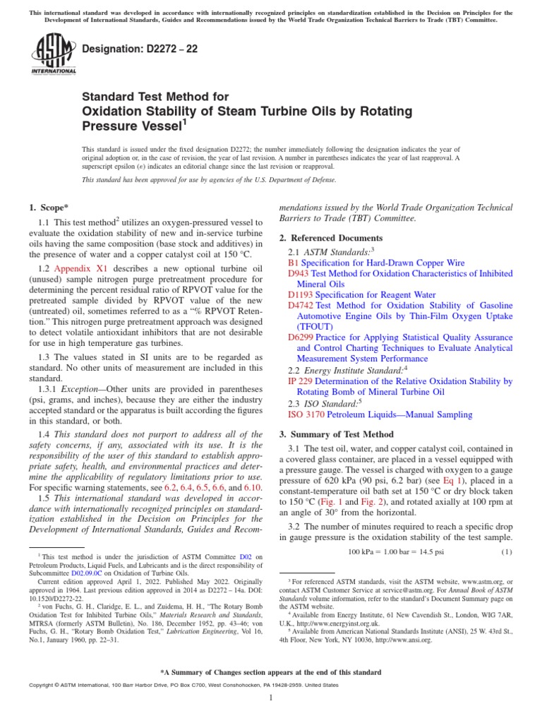 D2272 22 - Standard Test Method For Oxidation Stability of Steam ...