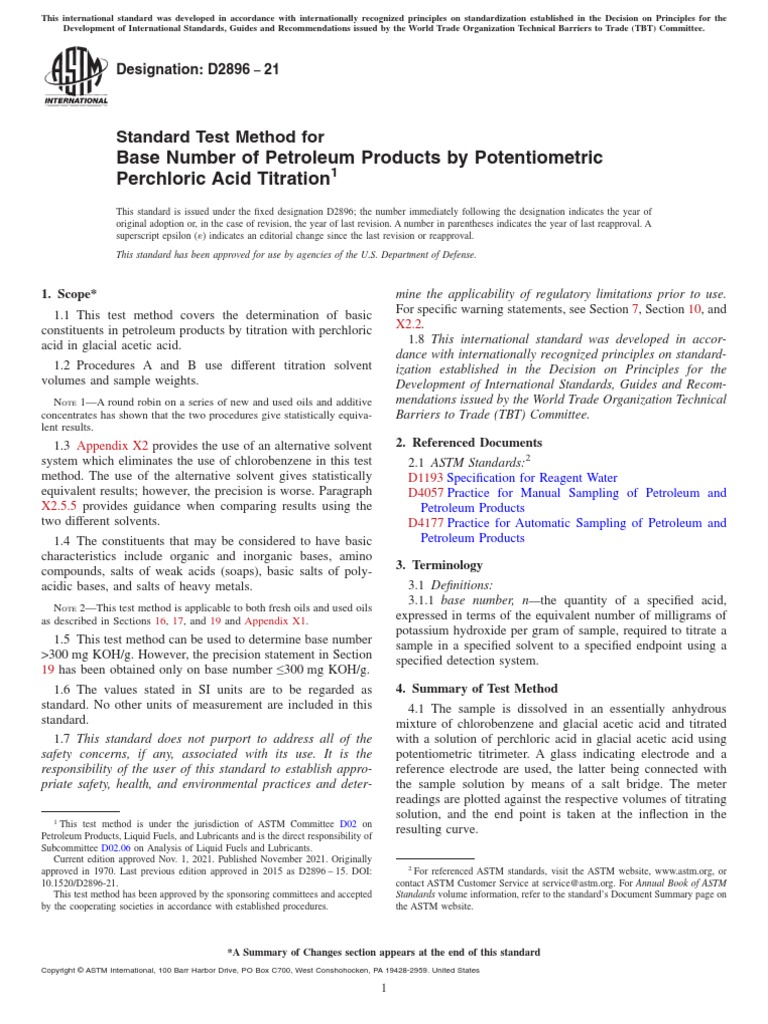 D2896 - Standard Test Method For Base Number of Petroleum Products by ...