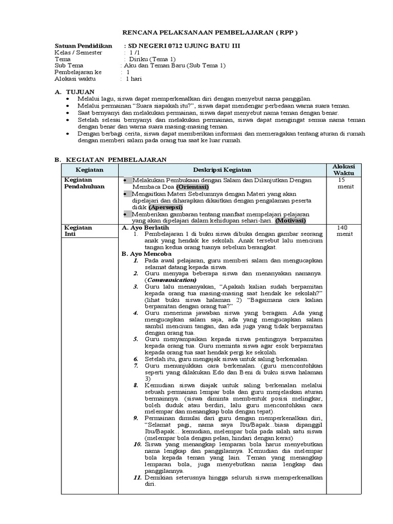 RPP Kelas 1 Tema 1 DEWI ASTUTI | PDF | Seni & Disiplin Bahasa