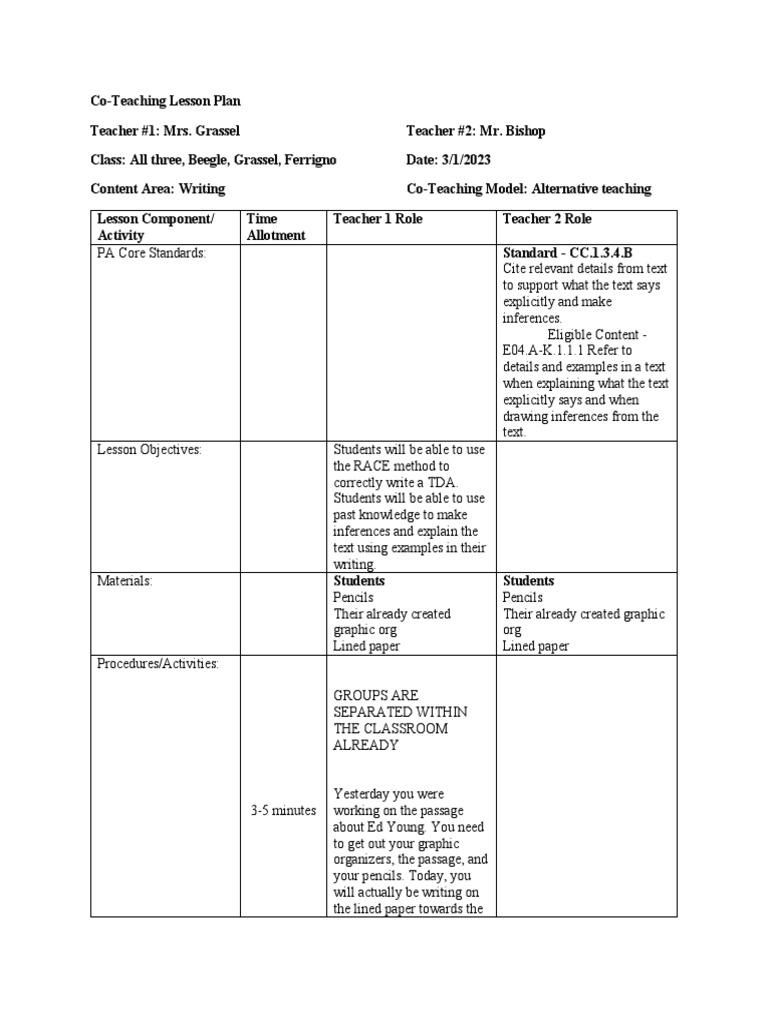 Tda Co-Teaching Lesson Wednesday | PDF | Teachers | Cognitive Psychology