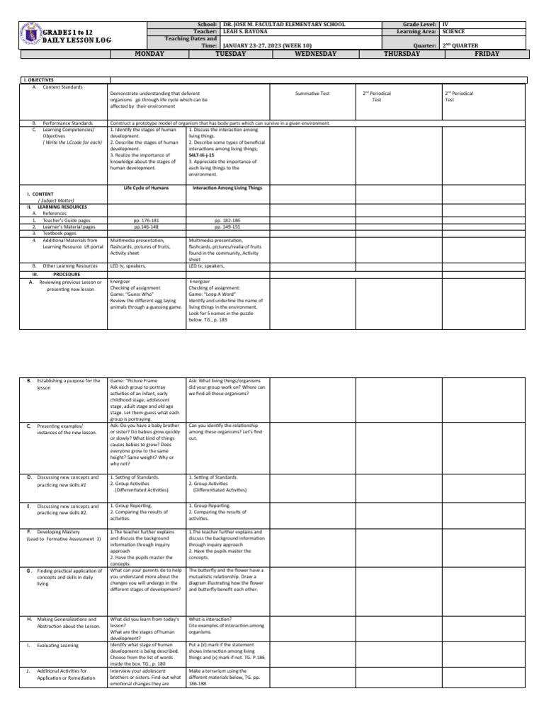 DLL - Science 4 - Q2 - W10 | PDF | Learning | Teachers