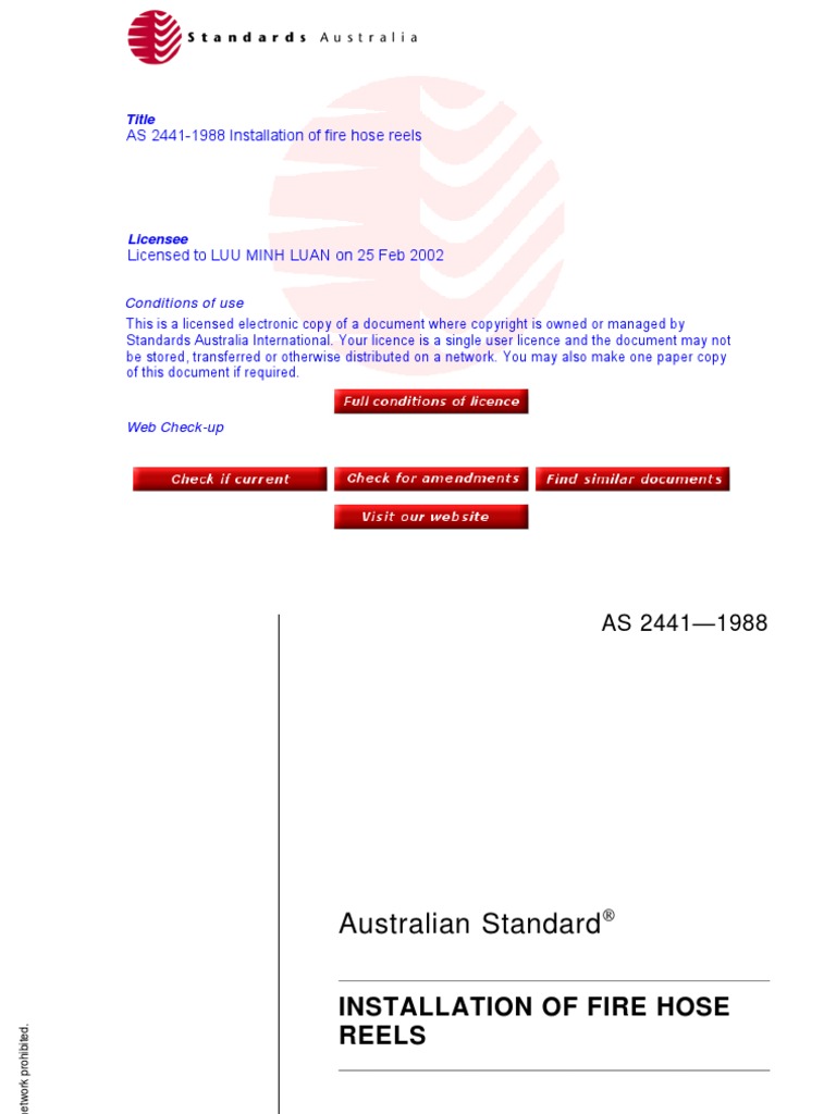 AS 2441-1988 Installation of Fire Hose Reels | PDF | Copyright ...