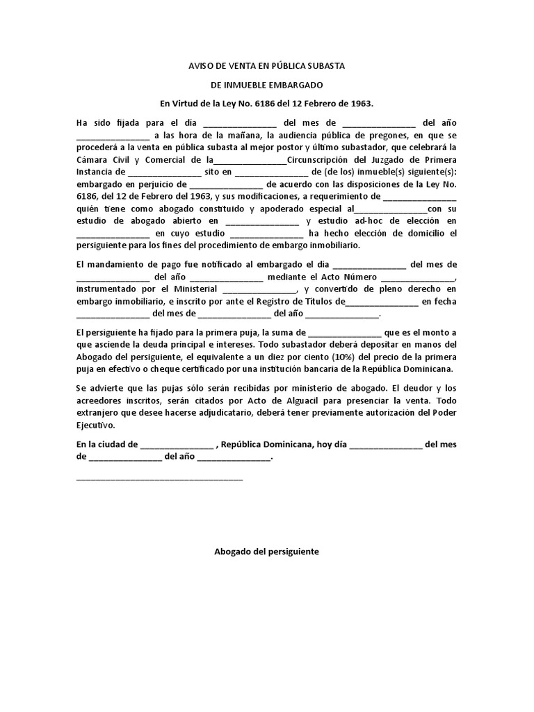 Aviso de Venta en Pública Subasta | PDF
