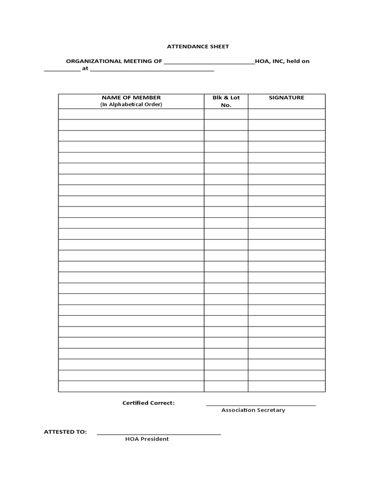 Attendance Sheet Organizational Meeting | PDF