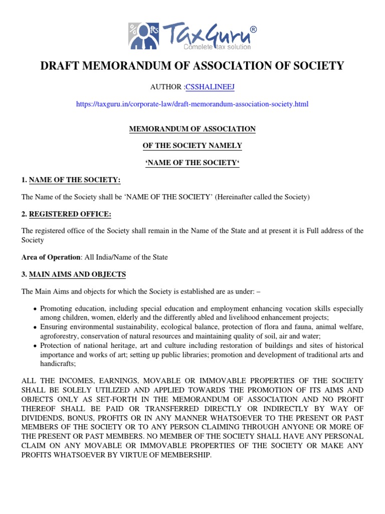 Draft Memorandum of Association of Society | PDF | Government | Justice