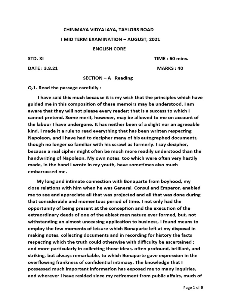 Class XI Midterm Q Paper | PDF | Napoleon