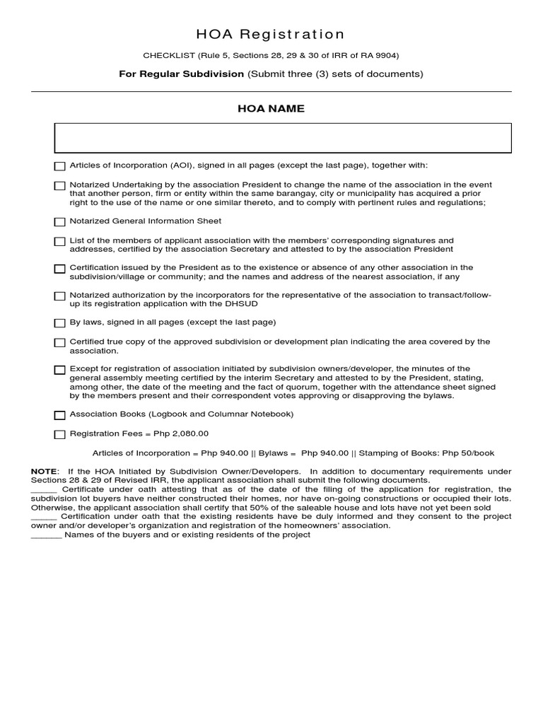 Registration of Regular HOA Checklist | PDF | Notary Public | Governance