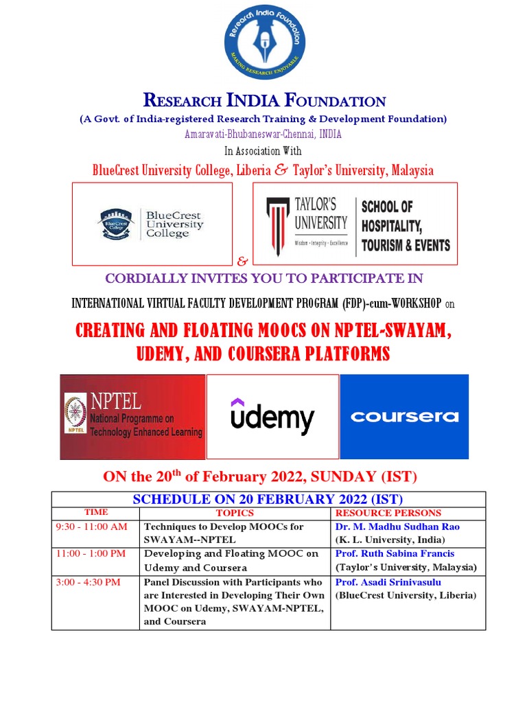 Final Brochure FDP-cum-Workshop On MOOC 20TH FEB | PDF