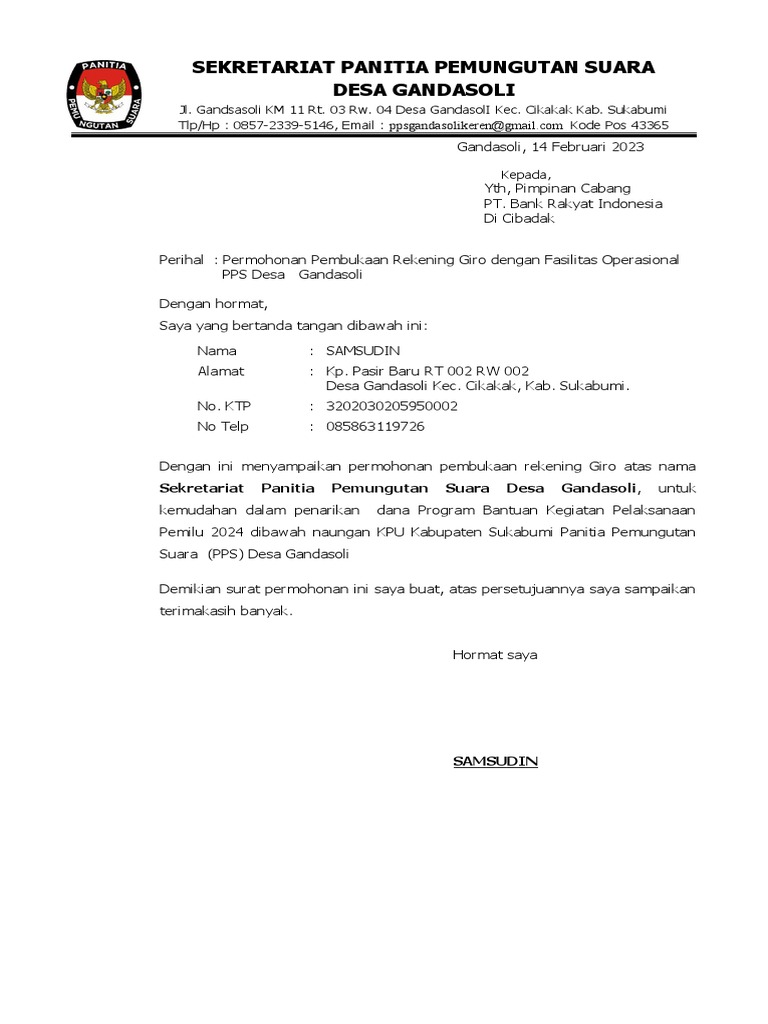 Surat Permohonan Pembukaan Rek. Giro PPS Gandsasoli Ok Revisi | PDF