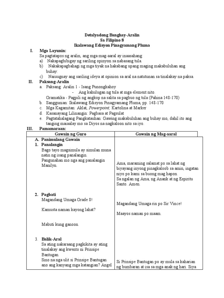Banghay Aralin Filipino 8 | PDF