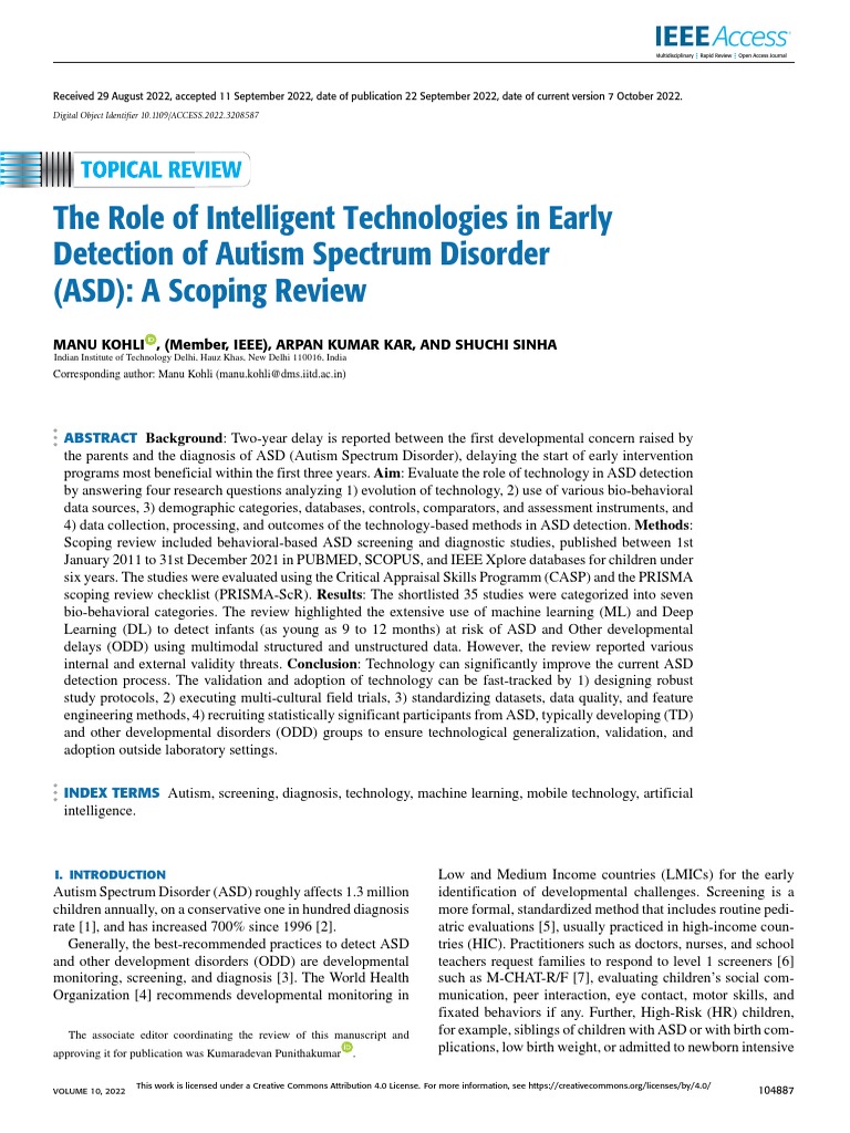 The Role of Intelligent Technologies in Early Detection of Autism Spectrum Disorder ASD A ...