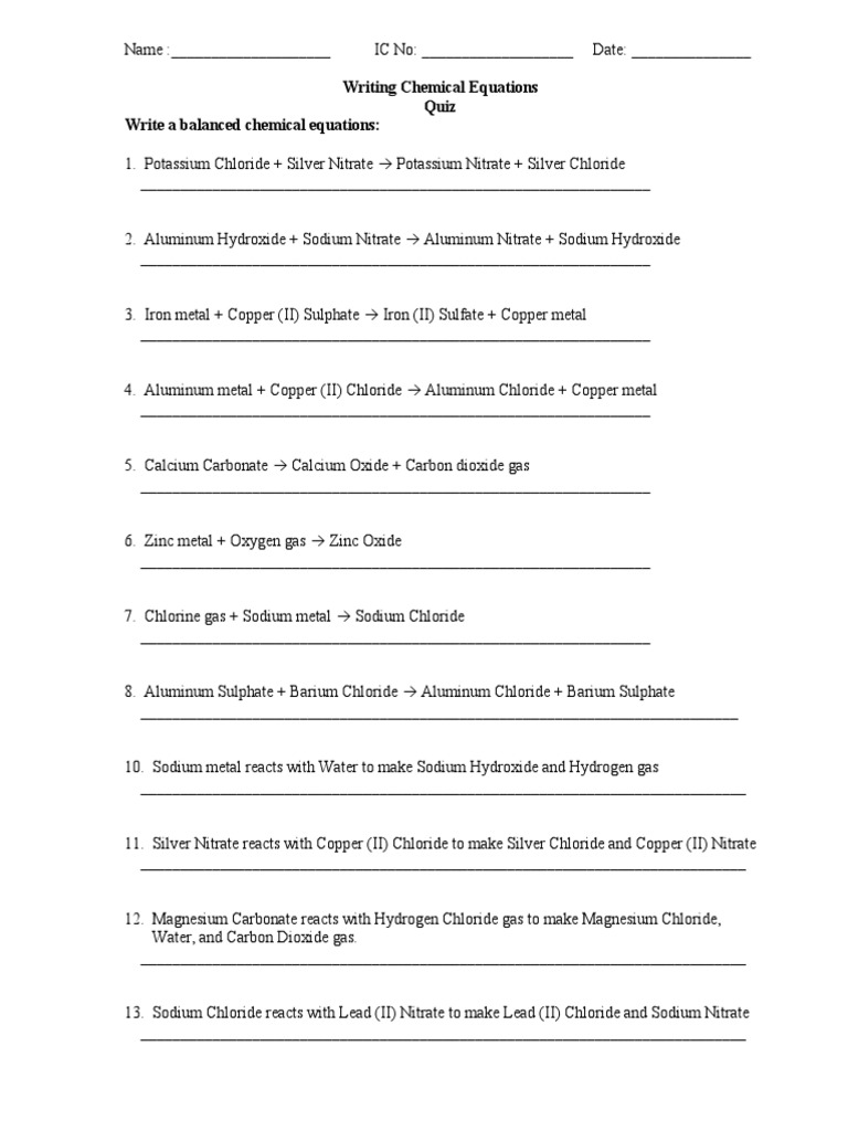 Chemical Equations Quiz Worksheet | PDF