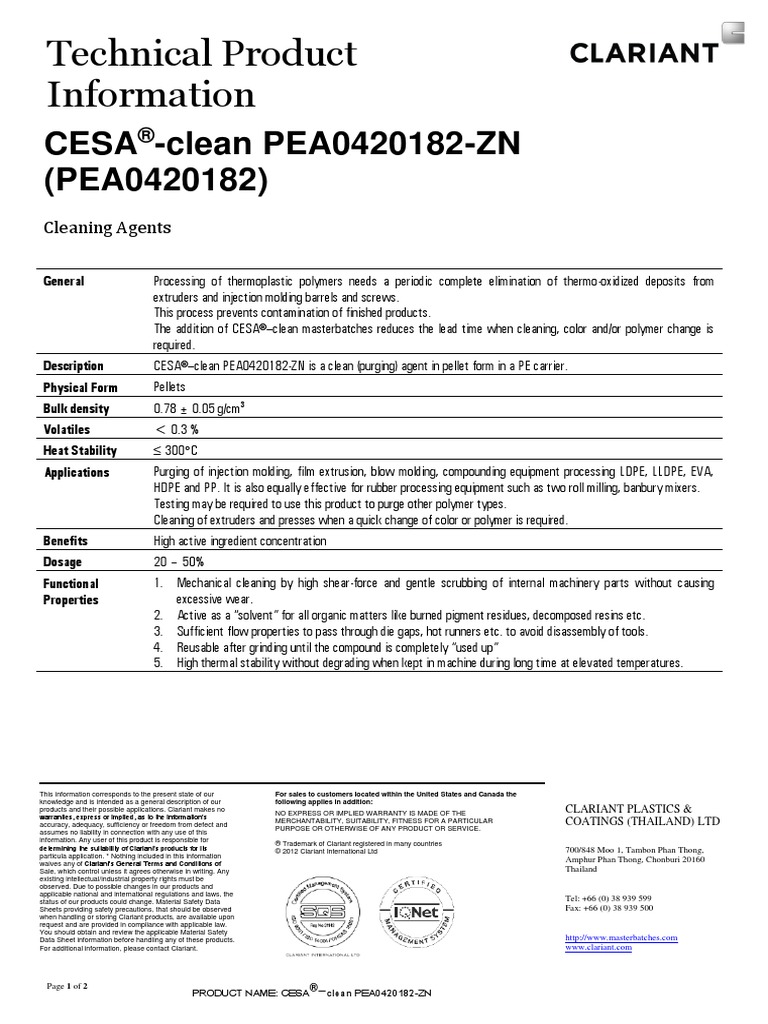 CESA-clean PEA0420182-ZN - TDS - SriLanka - 03042017 PDF | PDF | Extrusion | Polymers