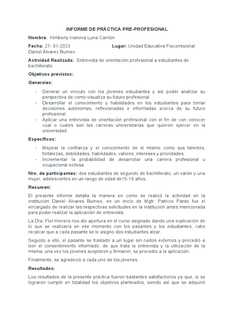 Informe de Práctica Pre | PDF