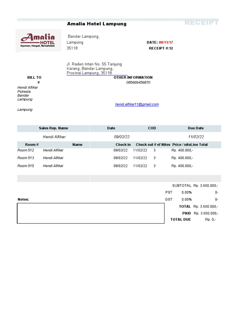 Hotel Billing Invoice Example | PDF
