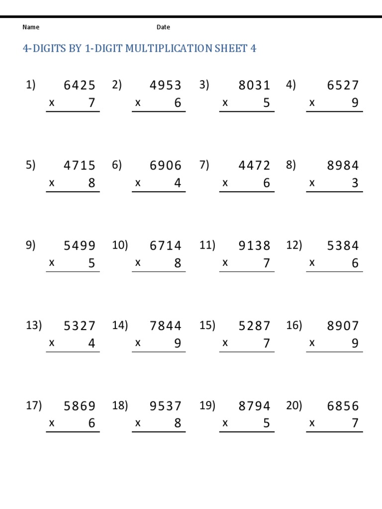 4-Digit by 1-Digit Multiplication Sheet | PDF