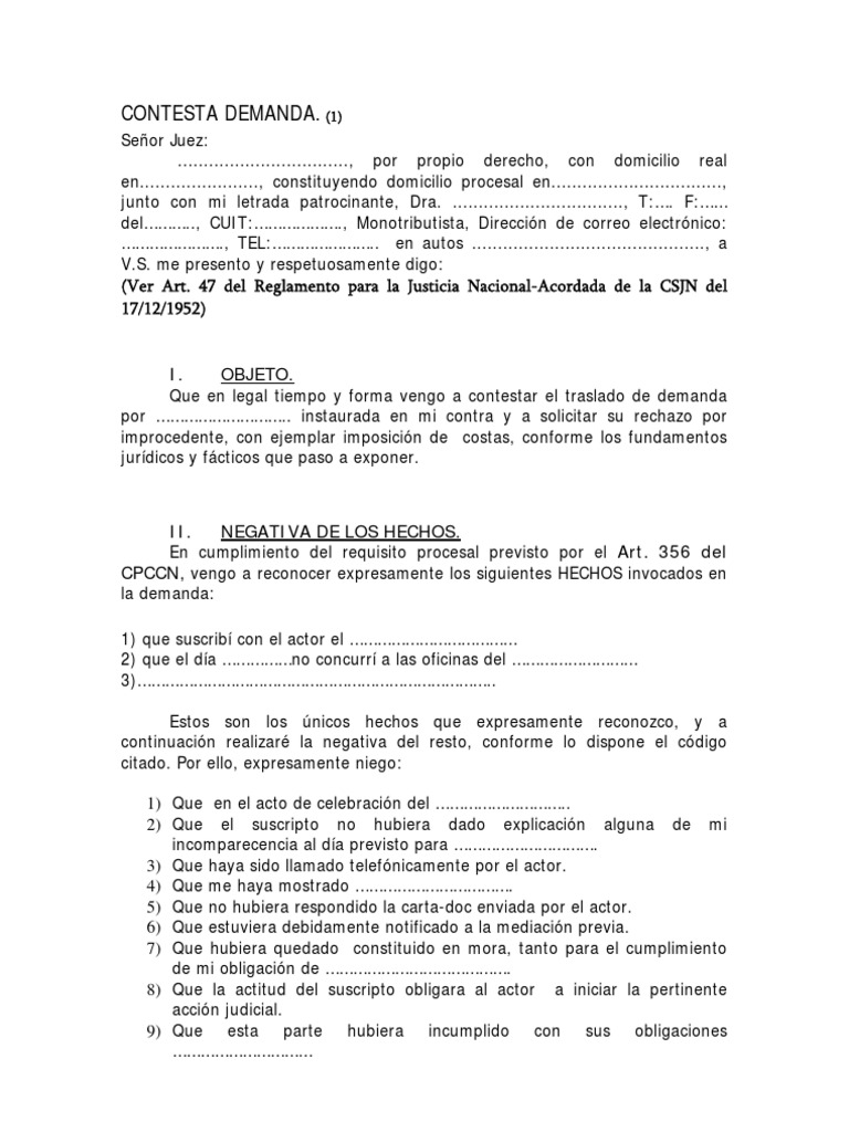 Contestacion de Demanda - Con Patrocinio Letrado - 340 | PDF ...