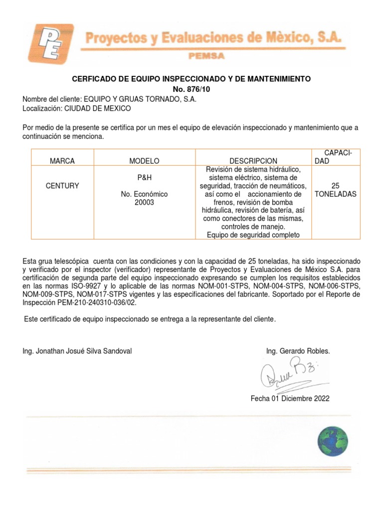 Certificado de Equipo Pemsa 1 | PDF