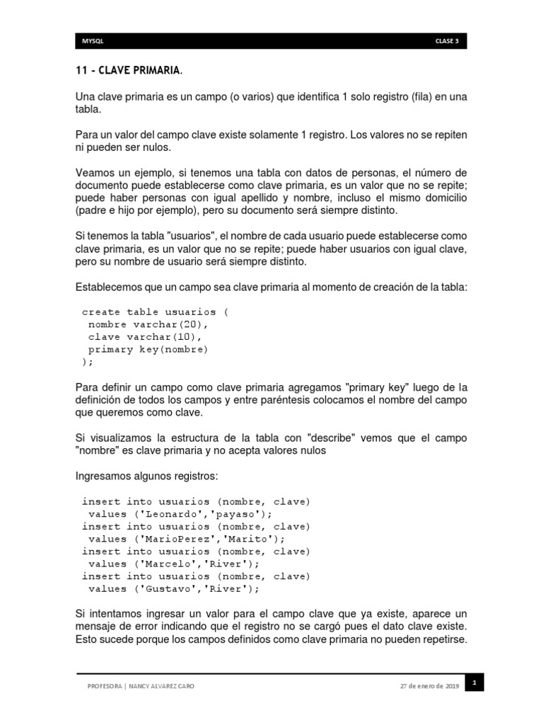 Clave Primaria en MySQL: Ejemplos y Uso | PDF | Mi sql | Datos de ...