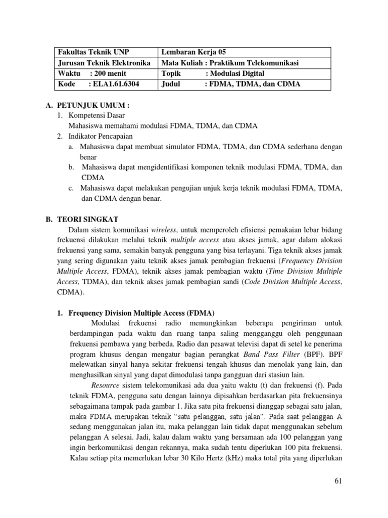 Jobsheet 5 - FDMA, TDMA, Dan CDMA (w6) PDF | PDF
