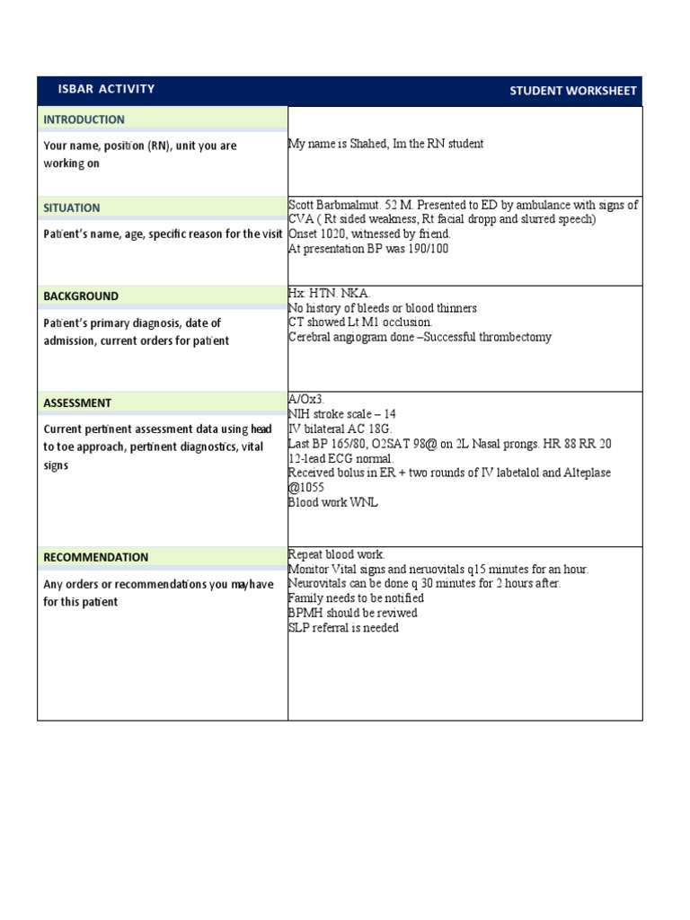 Worksheets - Isbar | PDF