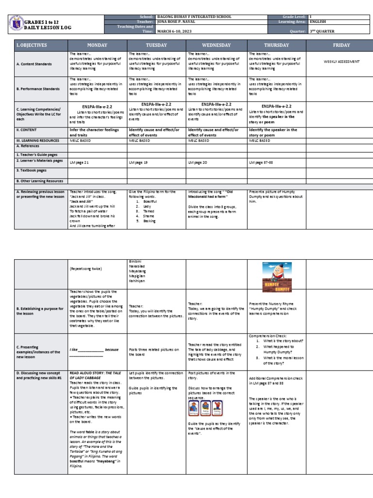 DLL - ENGLISH 1 - Q3 MELC BASEd | PDF | Learning | Reading Comprehension